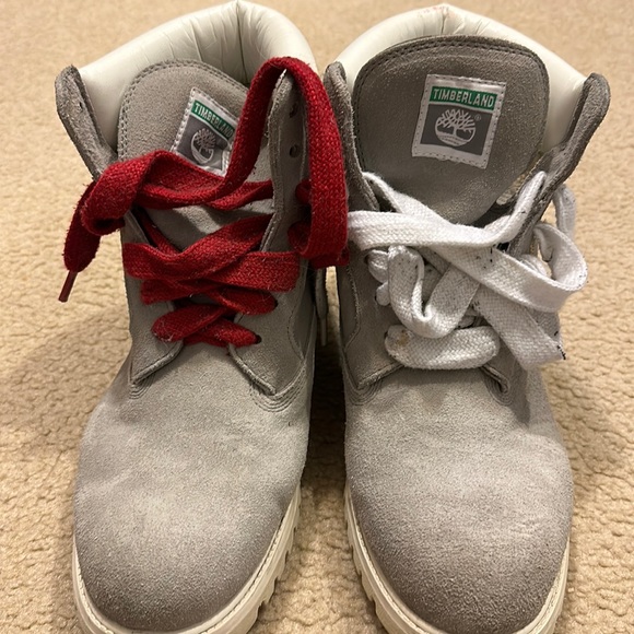 Timberland | Shoes | Timberland Boots Gray Suede With Red And White ...
